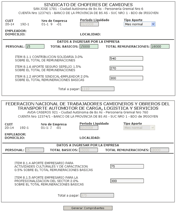 Sindicato de Camioneros | Impresión de boletas
